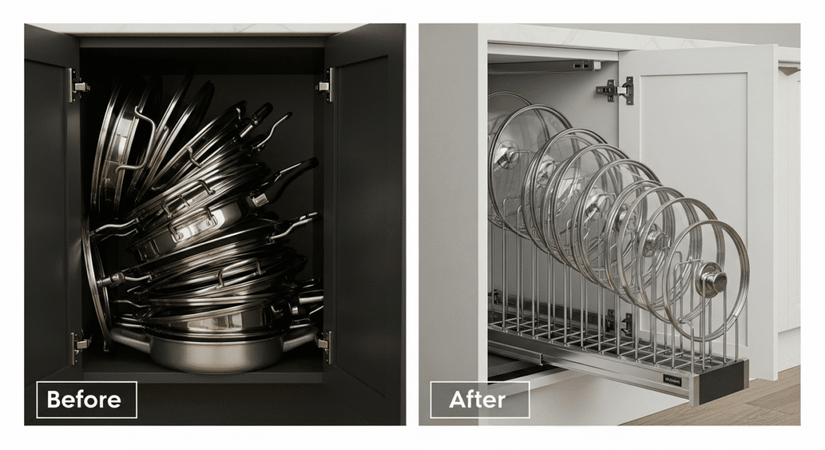 Pot Lid Organizer Pull Out - kitchen rescue tips